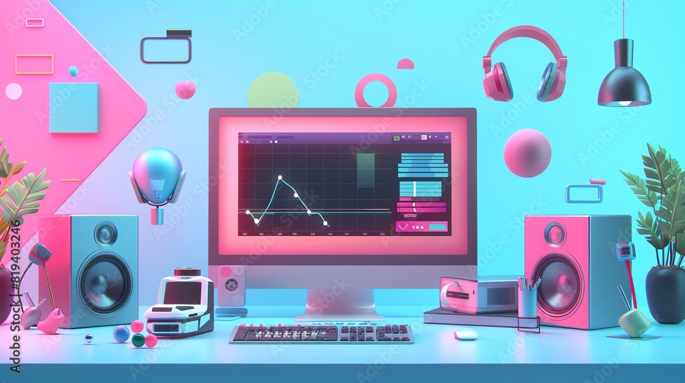 technology flat design front view software theme 3D render Tetradic ...