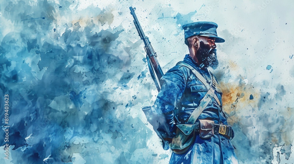 Watercolor illustration of a civil war soldier. Canvas texture. Blue ...