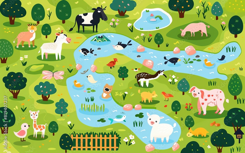 animals flat design top view farm theme water color Analogous Color ...