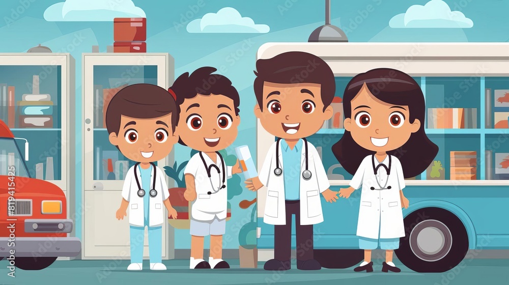 Kids playing doctor cartoon flat design side view emergency room theme ...