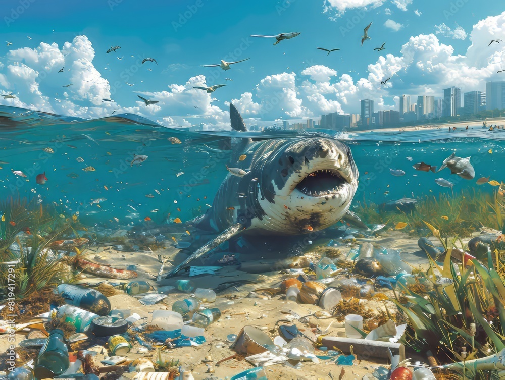 Shark swimming in polluted ocean water near city skyline with scattered ...