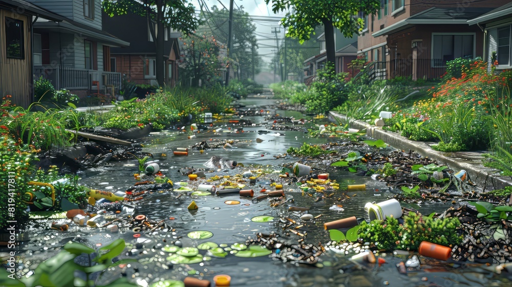 Urban street heavily polluted with garbage, plastic waste, and debris ...