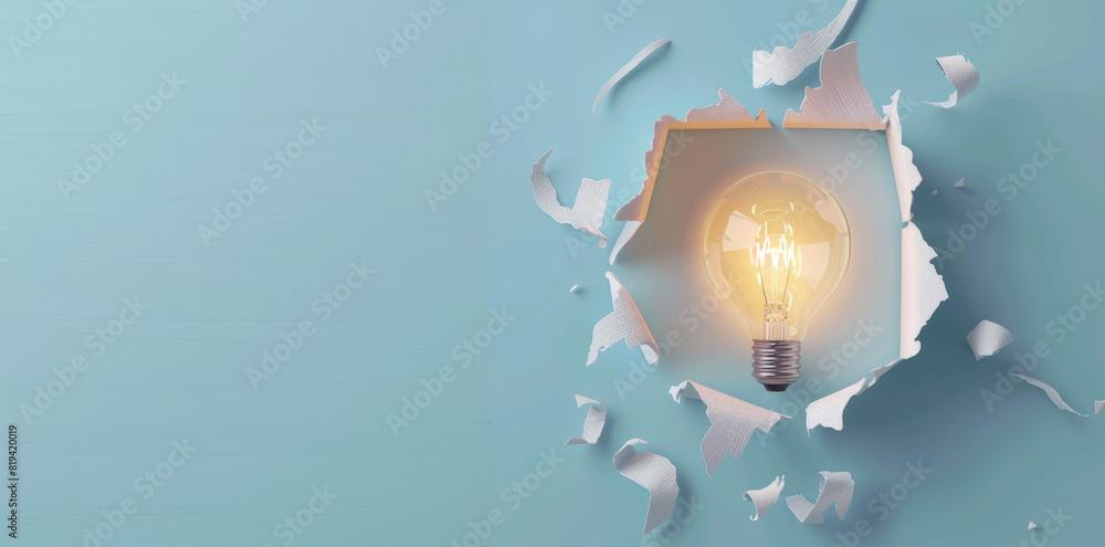 3d rendering of light bulb breaking out from the box on blue background ...