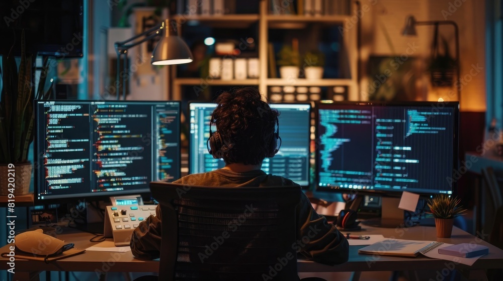 A programmer is coding on three monitors in front of him, code and ...