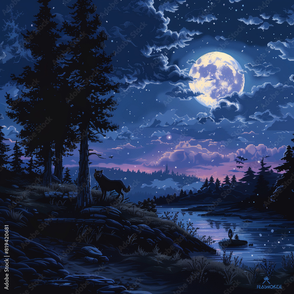 night in the forest, pixel art illustration of a wolve in a forest ...