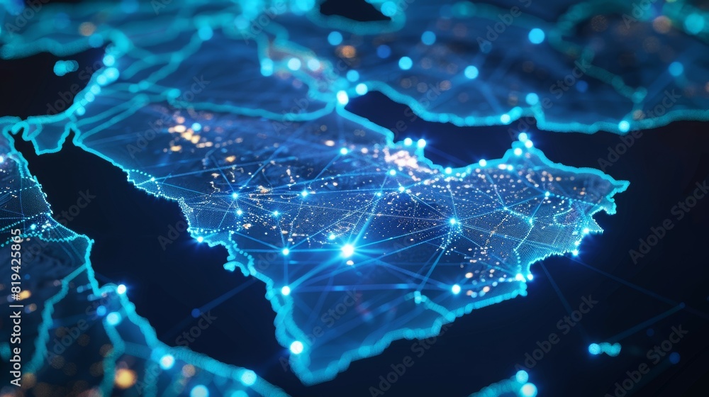 A blue map of the world with many lights on it, Middle East Stock ...