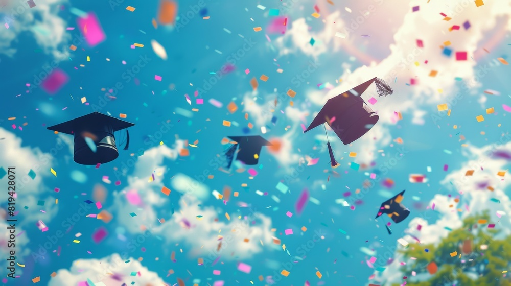 Floating Graduation Caps and Confetti with cloud and sky background ...