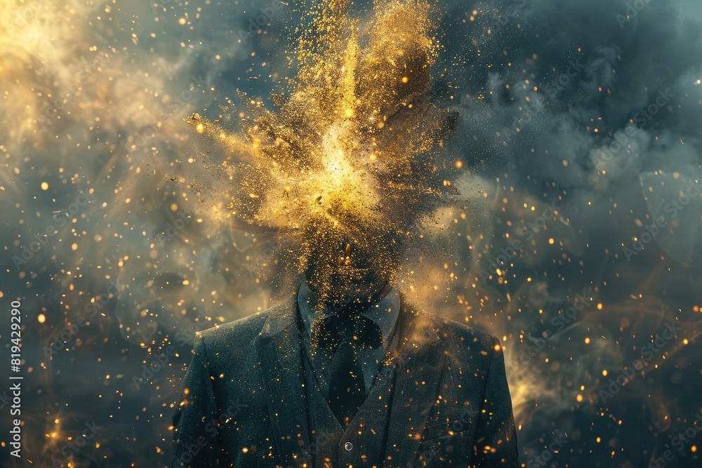 A businessman disintegrating into particles, an explosion of the head ...