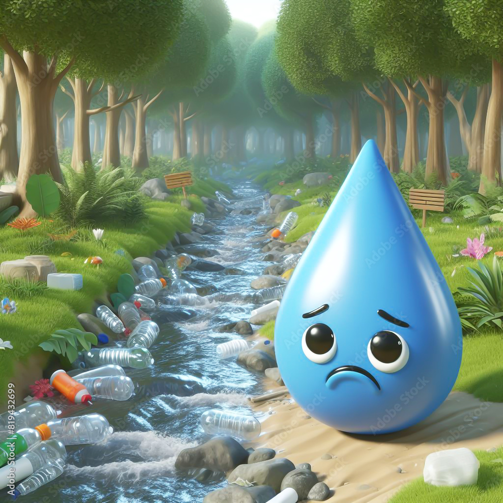 Water drop cartoon next to a river polluted with plastic. Draws ...