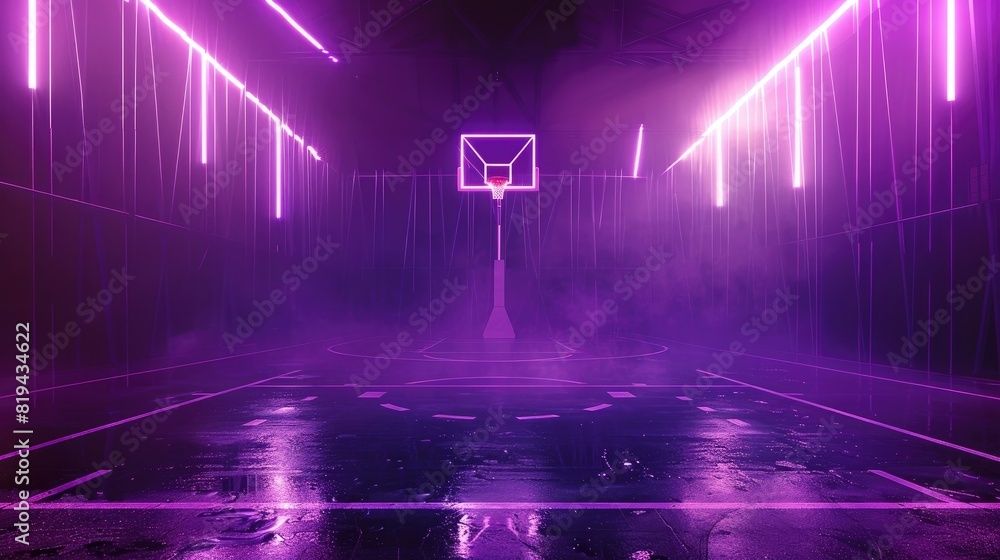basketball court background with neon purple lights, basketball hoop in ...