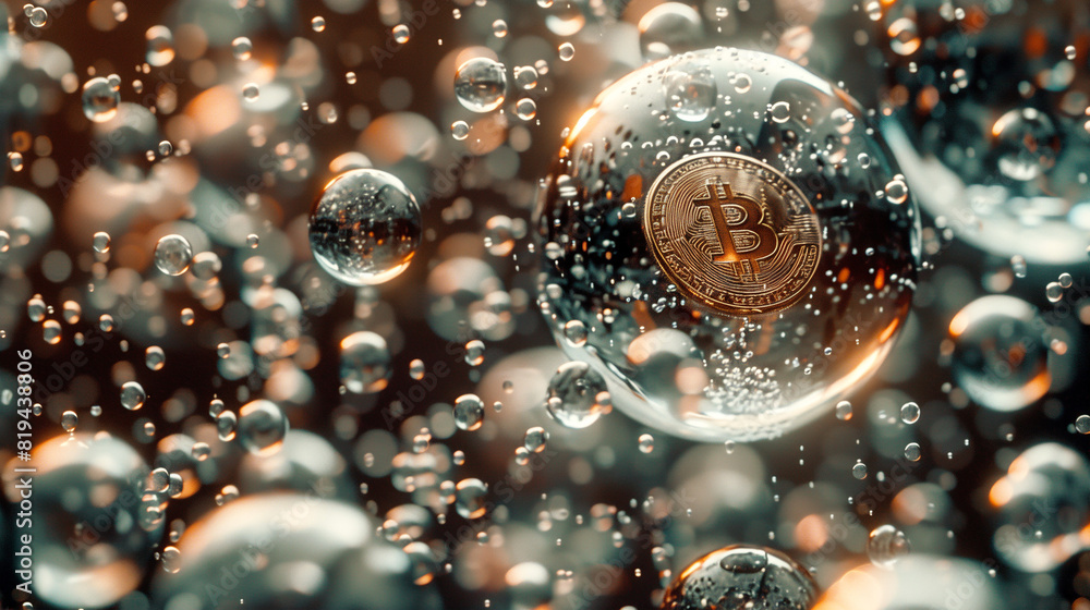 Bitcoin bubble, a coin, floating within a field of bubbles. The coins ...