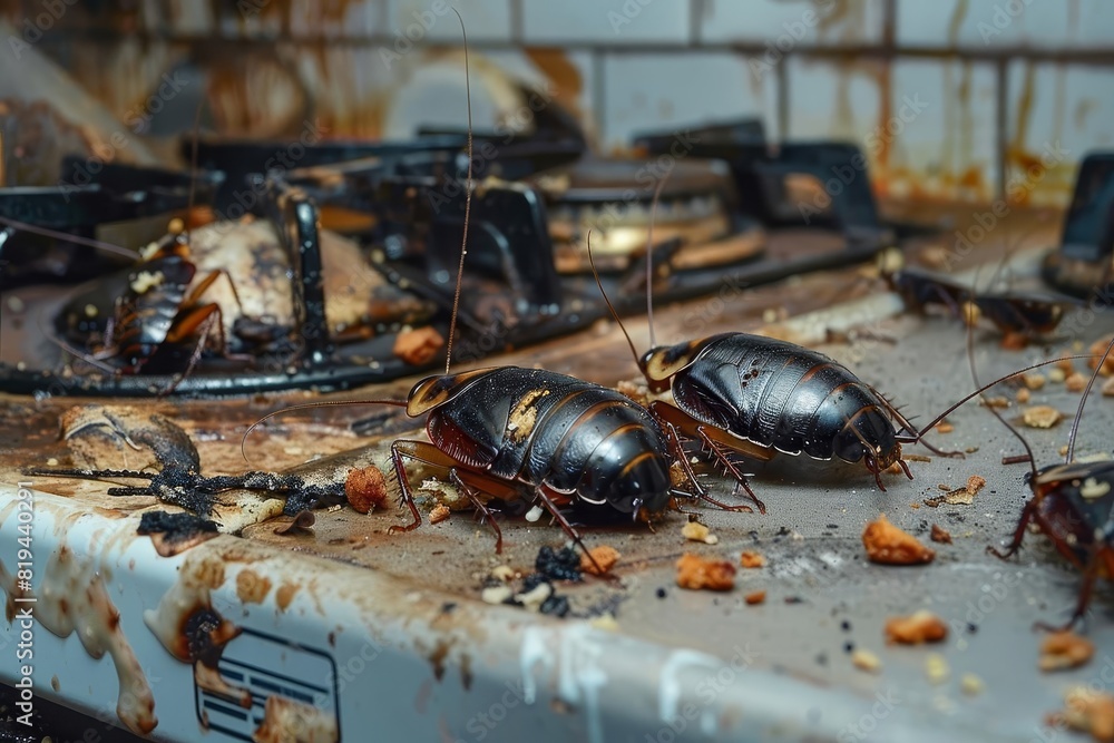 Cockroaches feasting on crumbs next to a stove covered in grease and ...