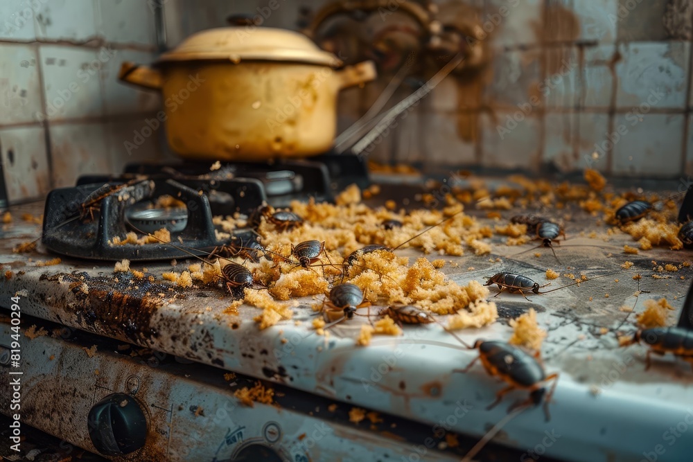 Cockroaches feasting on crumbs next to a stove covered in grease and ...