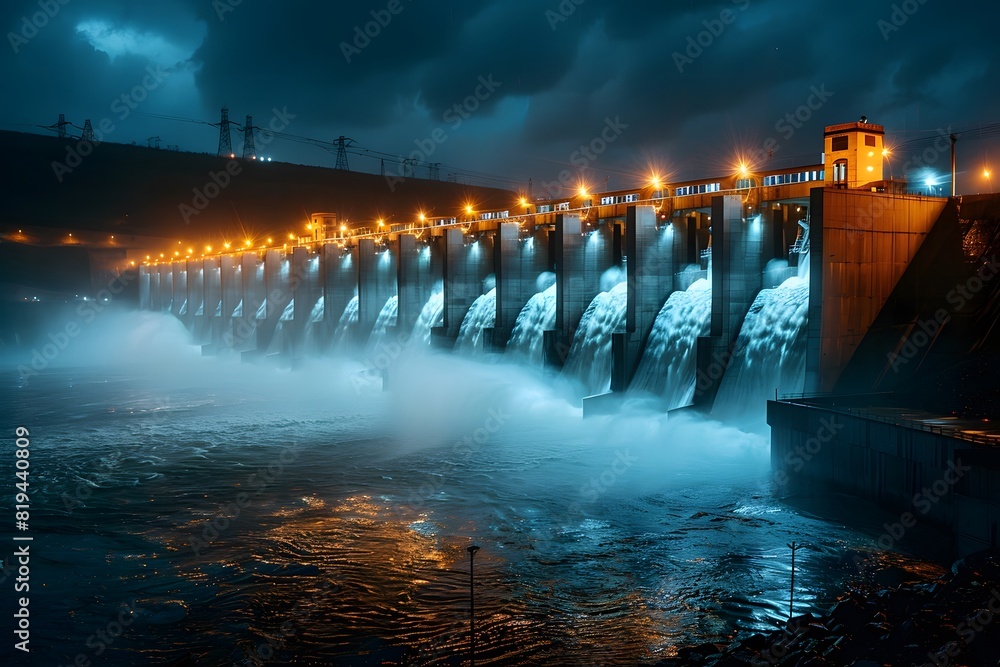 Hydropower dam at night with water flowing, lights and stars twinkling ...