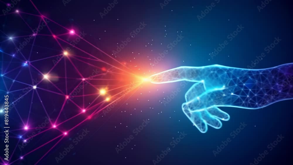 A digital illustration of a human hand touching a network of glowing ...