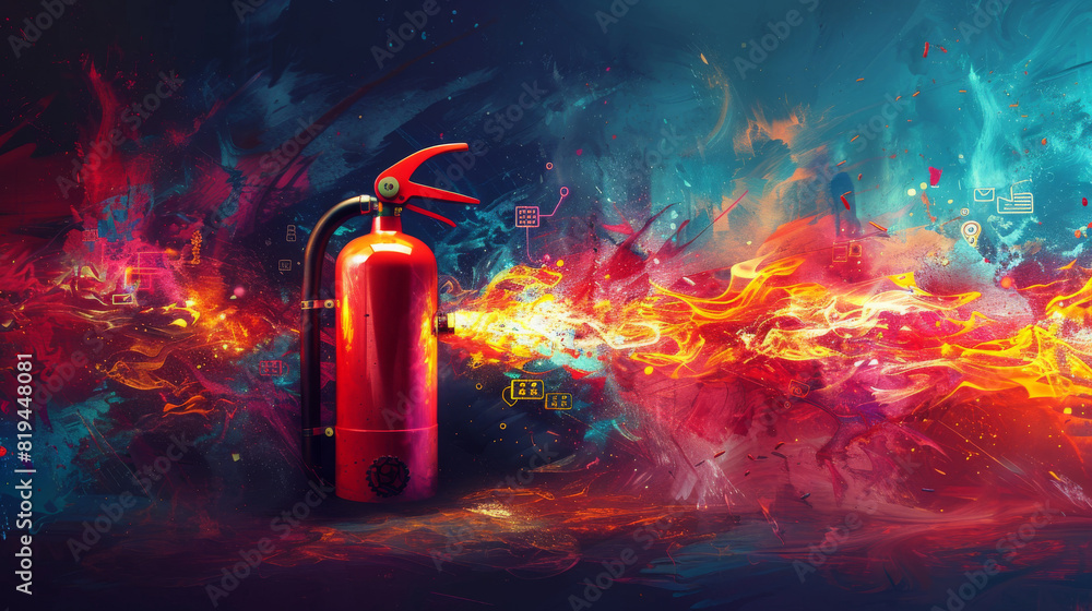 Artistic depiction of a fire extinguisher with abstract flames and ...