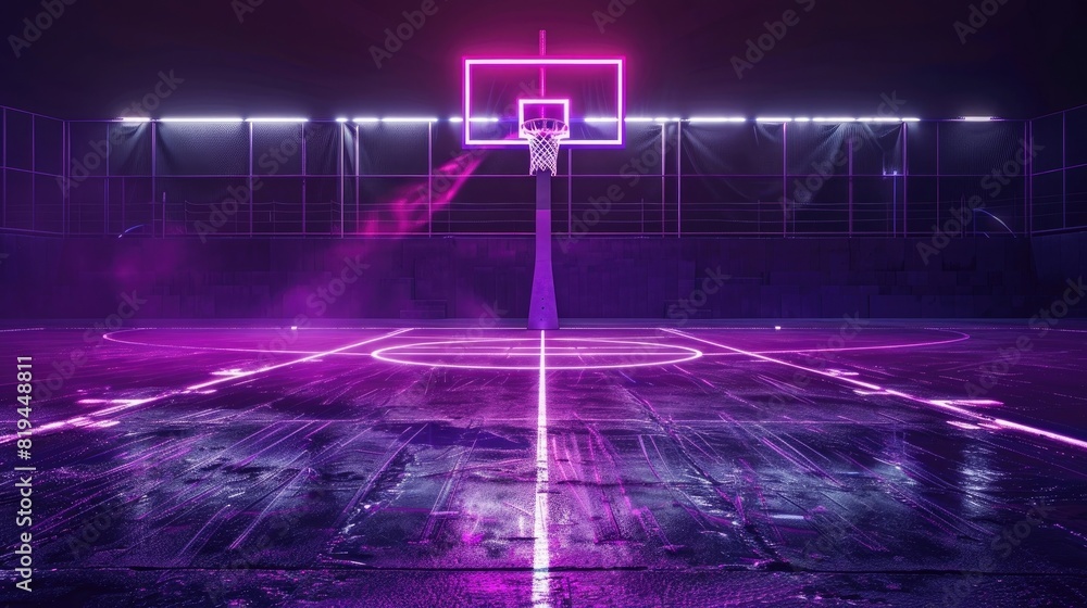 ภาพประกอบสต็อก Neon purple basketball court with spotlight and digital ...