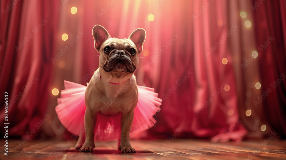 A French Bulldog dressed in ballerina attire, stands on its hind legs ...
