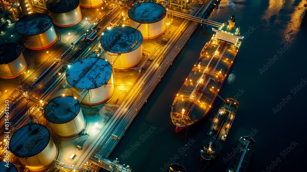 Aerial top view storage tank farm at night, Tank farm storage chemical ...