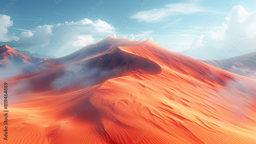 Sand dunes landscape. Desert aerial top view, desert barkhan and blue ...