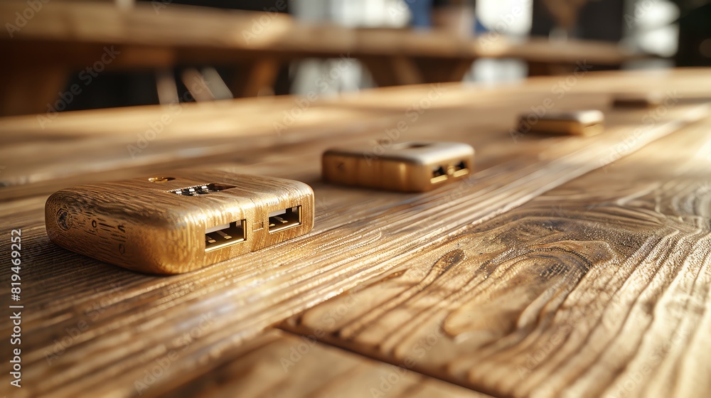 Engraved USB ports in an elegant wooden desk, side view, Elegant ...