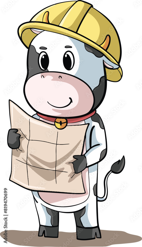 cartoon illustration design of a baby dairy cow holding a working image ...