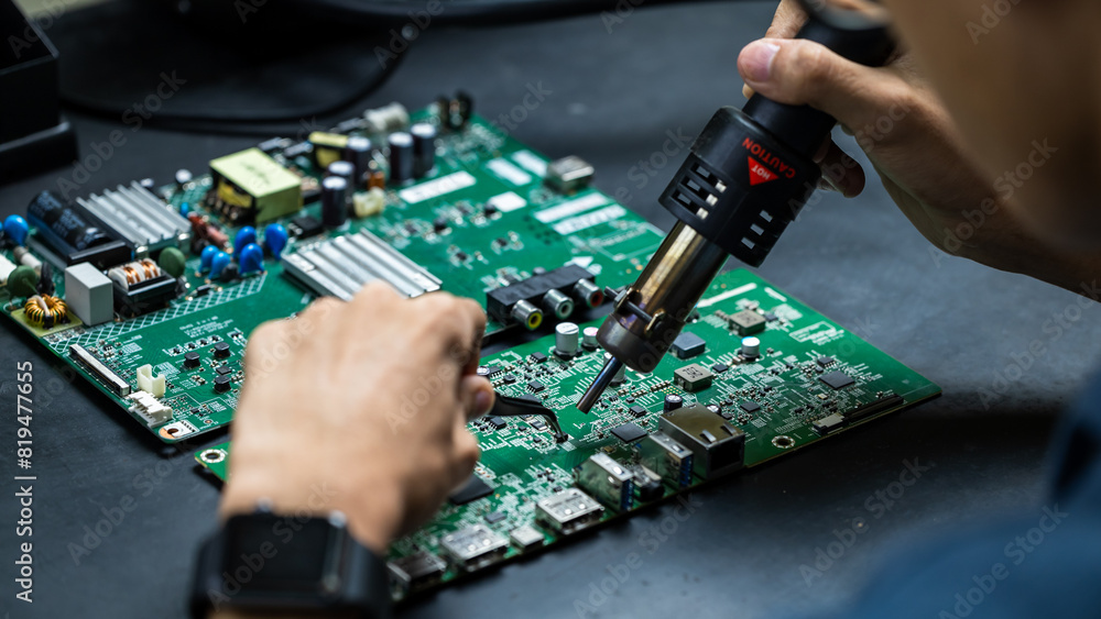 electronic technician,banner, hands repairing electronic devices The ...