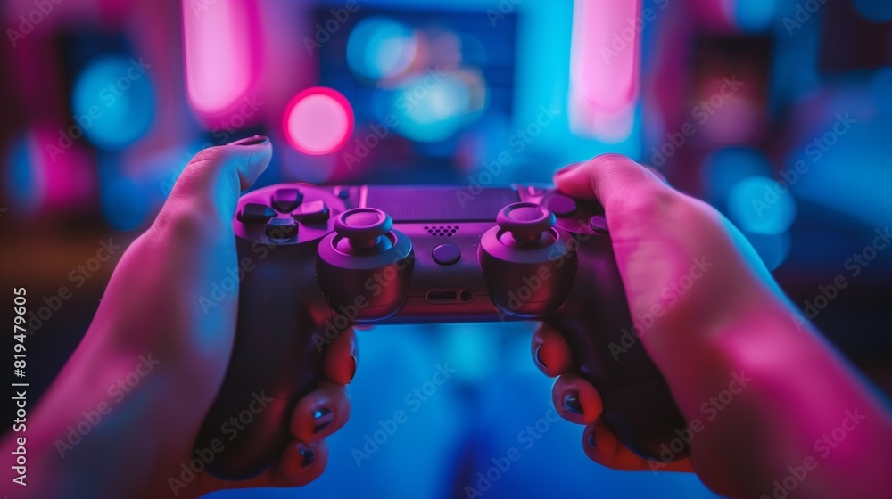Hand holding game controller with digital screen showing gaming ...