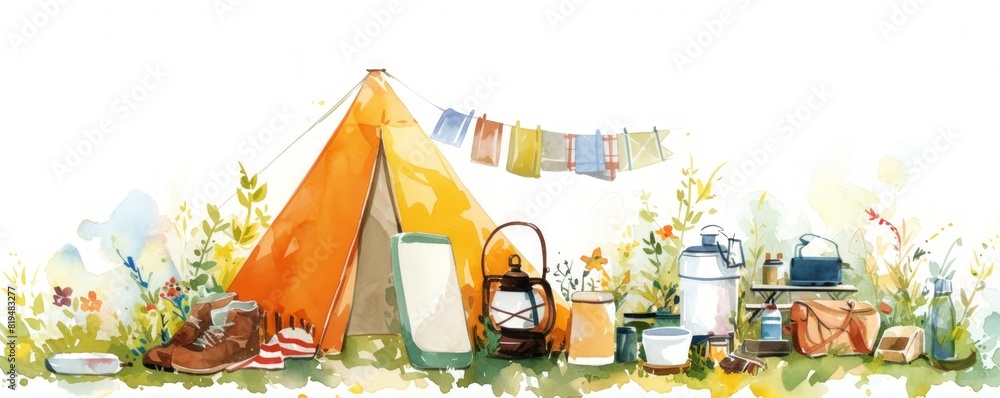 A watercolor painting of a campsite with a tent, lantern, and other ...