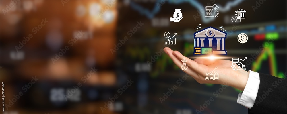 banking finance concept, Businessman shows icons, finance, banking ...