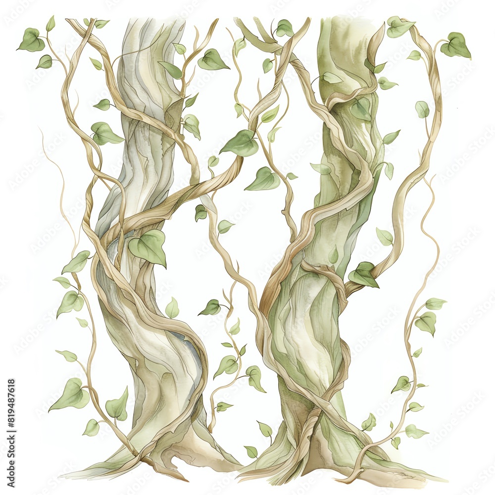 An illustration of two intertwined trees with green leaves and vines ...