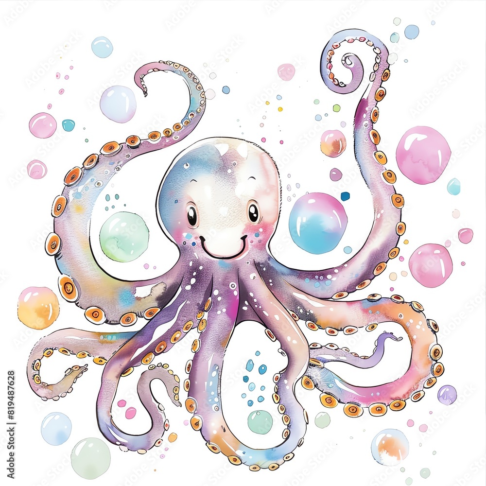 A cute watercolor illustration of an octopus. The octopus is purple ...