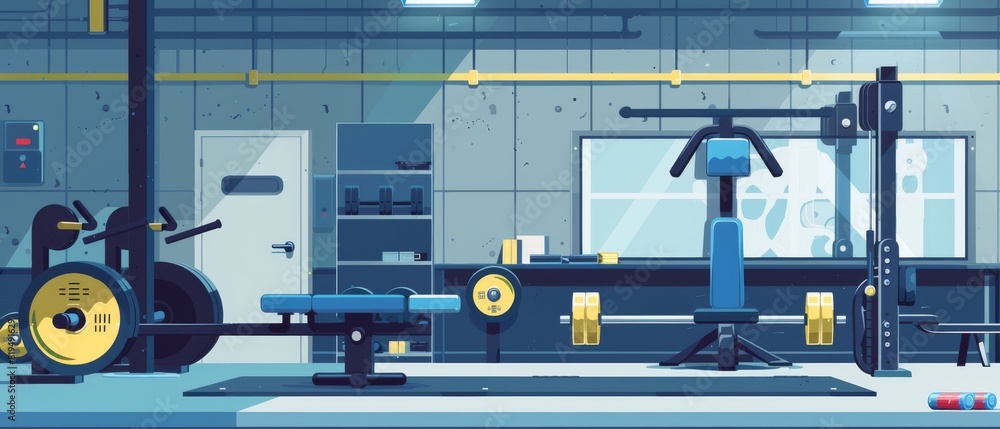 Musclebuilding weightlifting equipment flat design side view gym theme ...