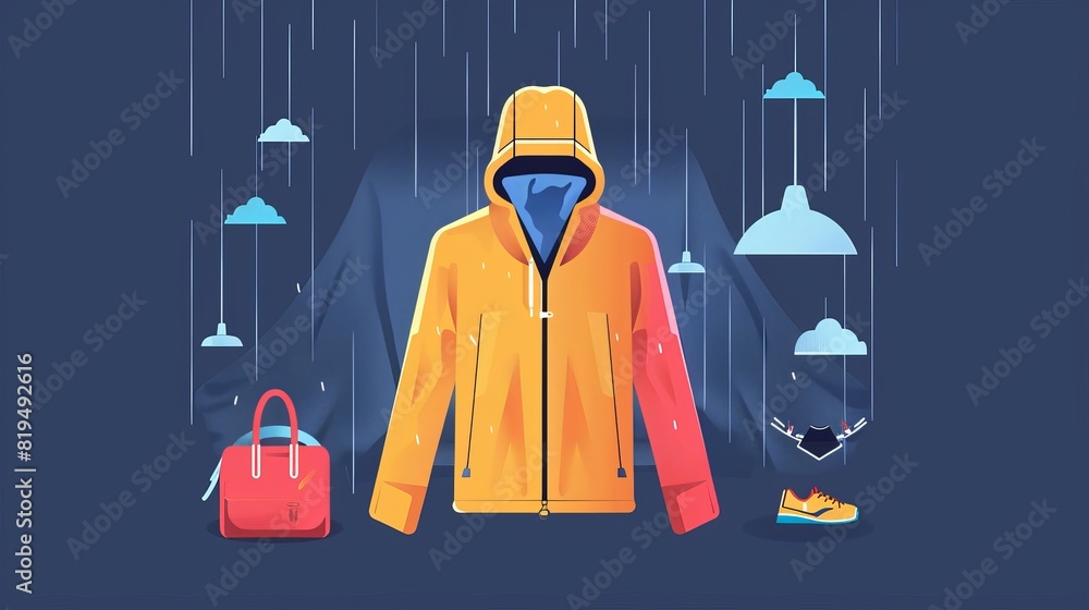Weatherproof clothing packaging flat design front view marketing theme ...