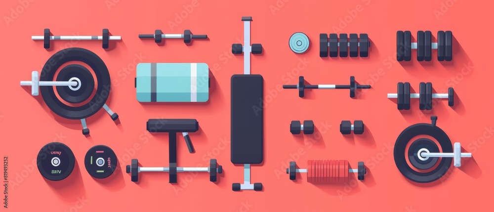 Versatile gym equipment flat design top view athletic theme animation ...