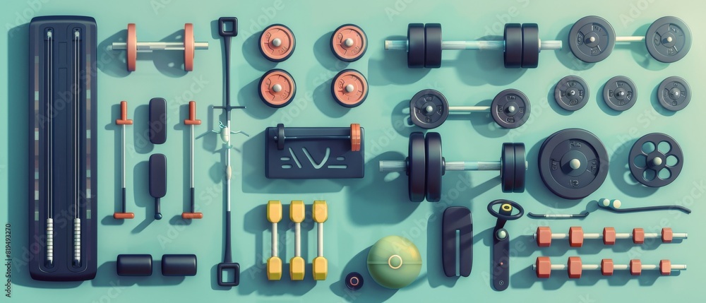 Versatile gym equipment flat design top view athletic theme animation ...