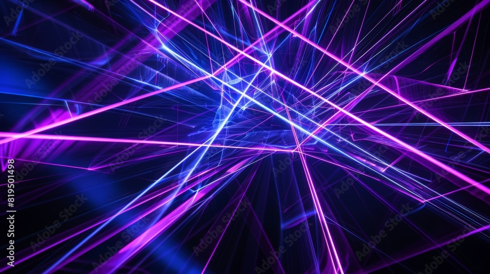 Bright blue and violet laser beams cut through a black backdrop ...