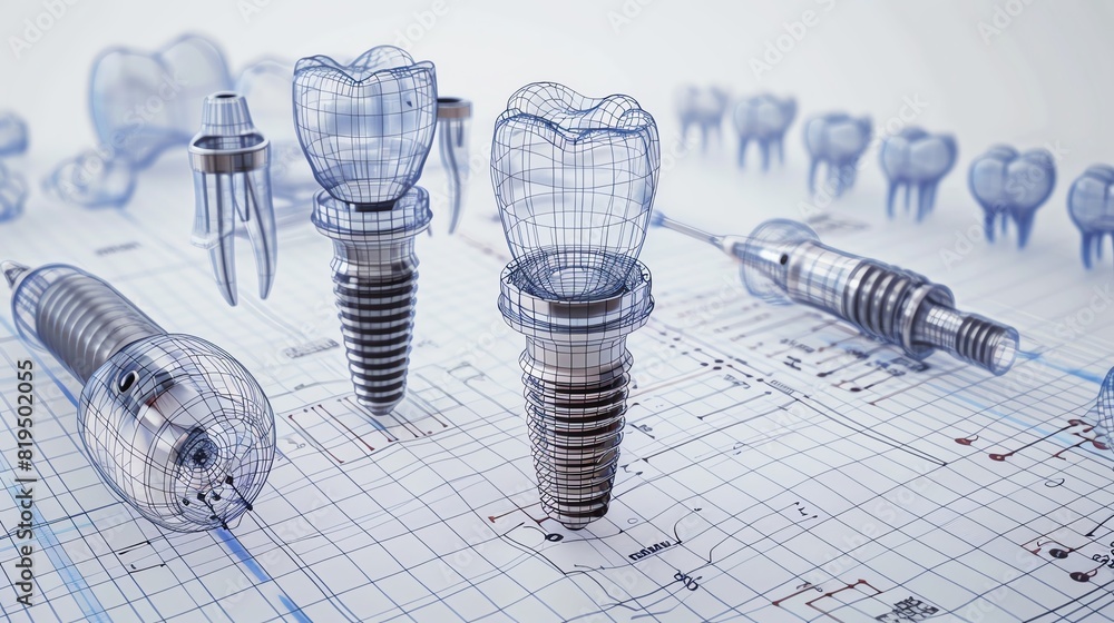 3D dental implant models on technical blueprint background representing ...