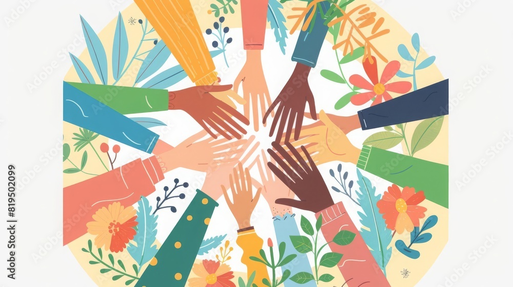 Hands of diverse group of people putting together Concept of cooperation, unity, togetherness ...