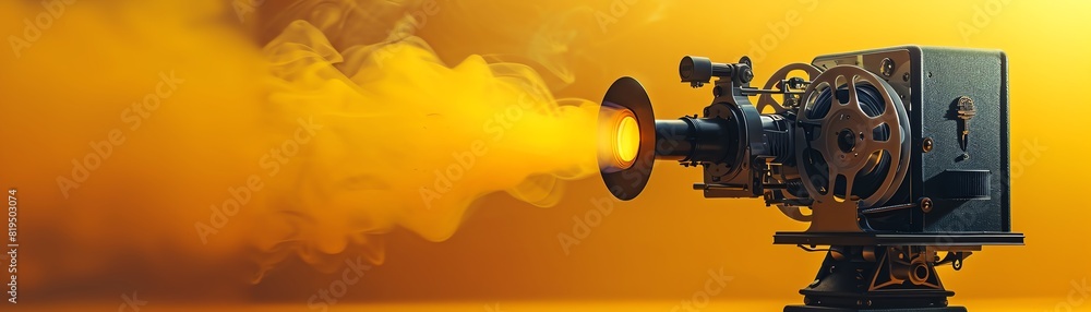 Vintage film projector with flowing smoke against an orange background ...