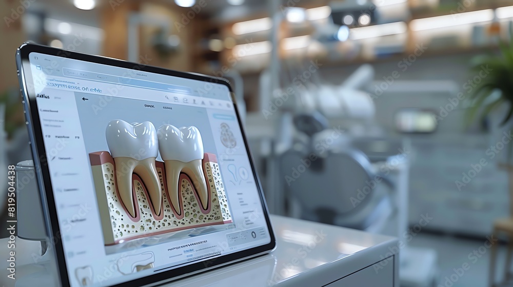Dental office showing a 3D tooth model on a digital tablet ...