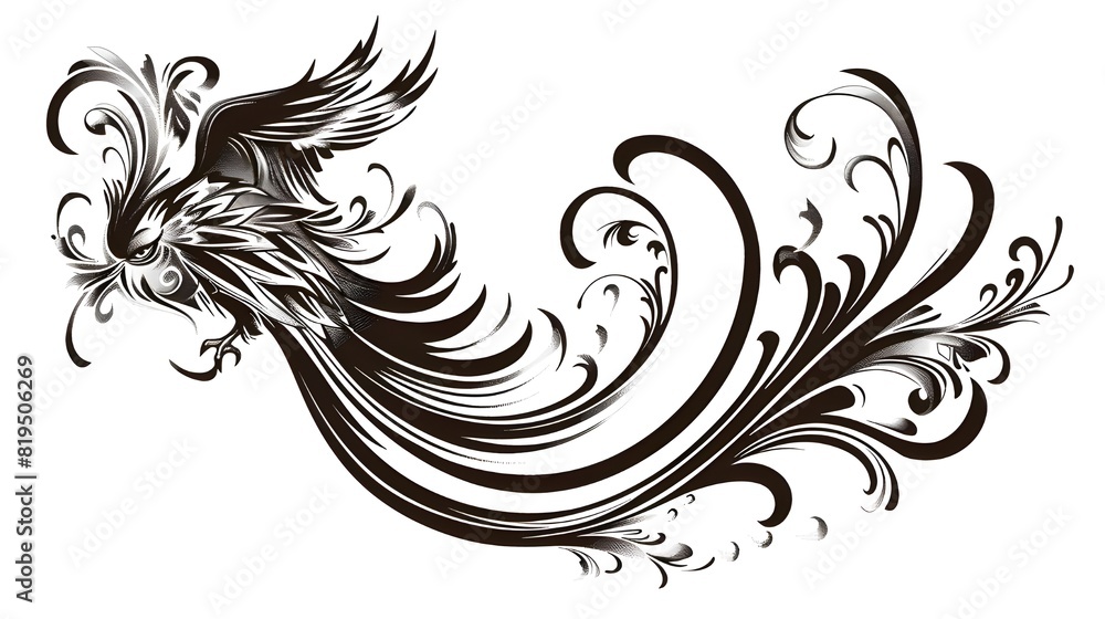 Flying chinese phoenix, , tattoo, sticker design, Black and white ...