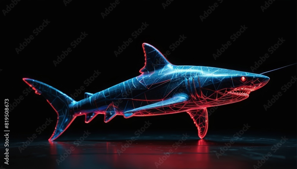 Neon Shark Wireframe Swimming Against a Black Marble Background with ...