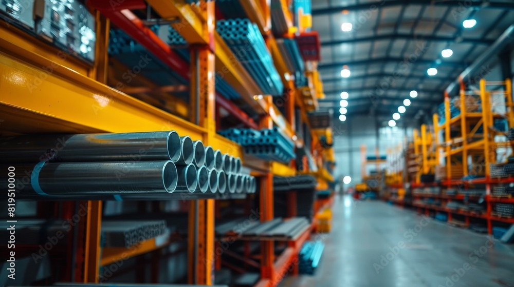 Metal pipes protruding from shelves in disorganized industrial ...