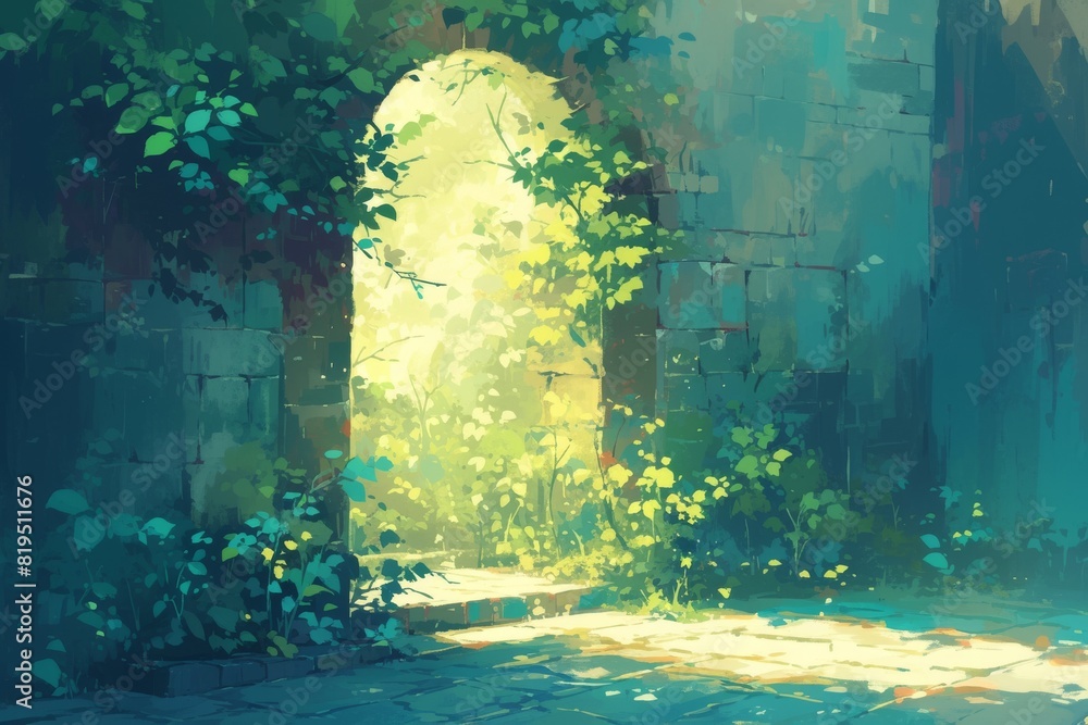 Exit door background with sunlight. anime illustration style Stock ...