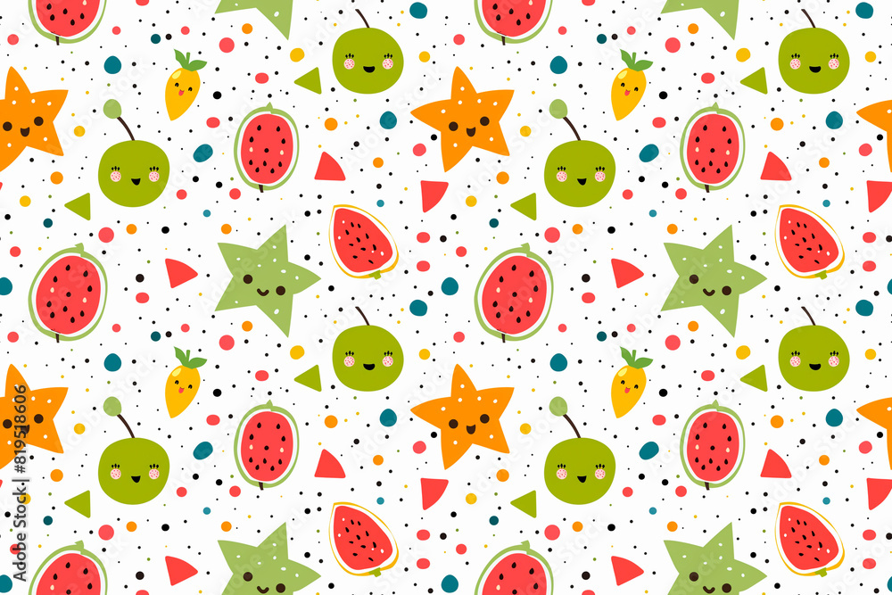 Cute fruit pattern with smiling watermelons, cherries, and stars on a ...