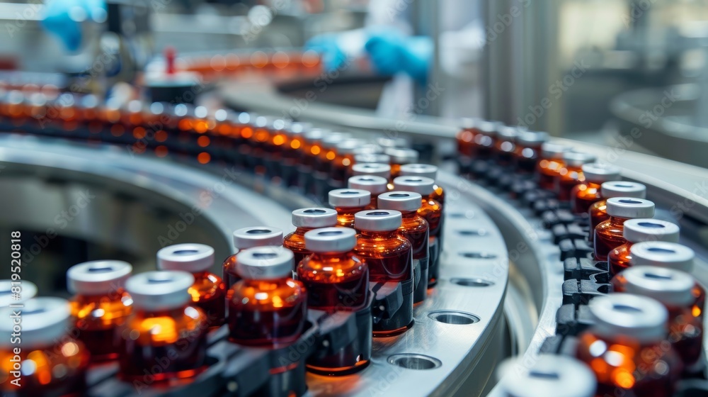 Pharmaceutical manufacturing process with glass vials moving on a ...