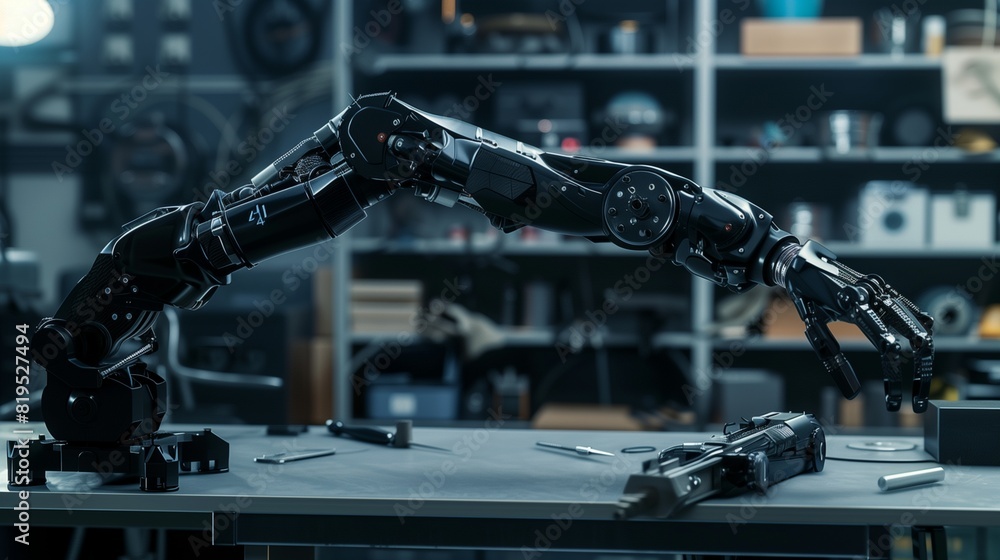 High Contrast Image of a Charcoal Black Mechanical Arm in a High-Tech ...