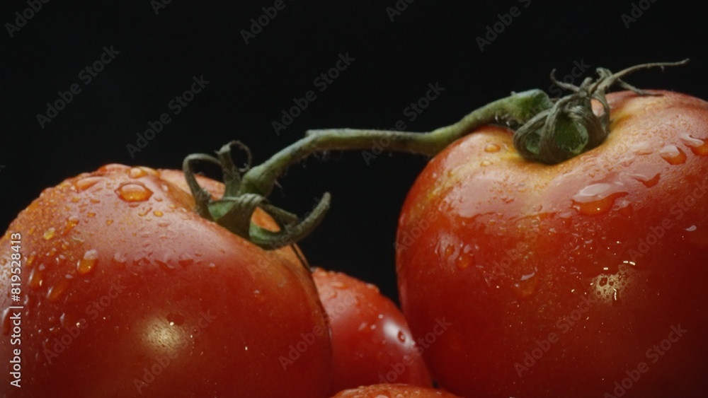 Macrography, tomatoes nestled within a rustic wooden basket are ...