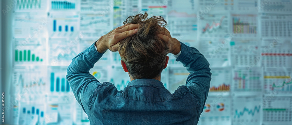 A businessperson scratching their head in front of a whiteboard full of ...